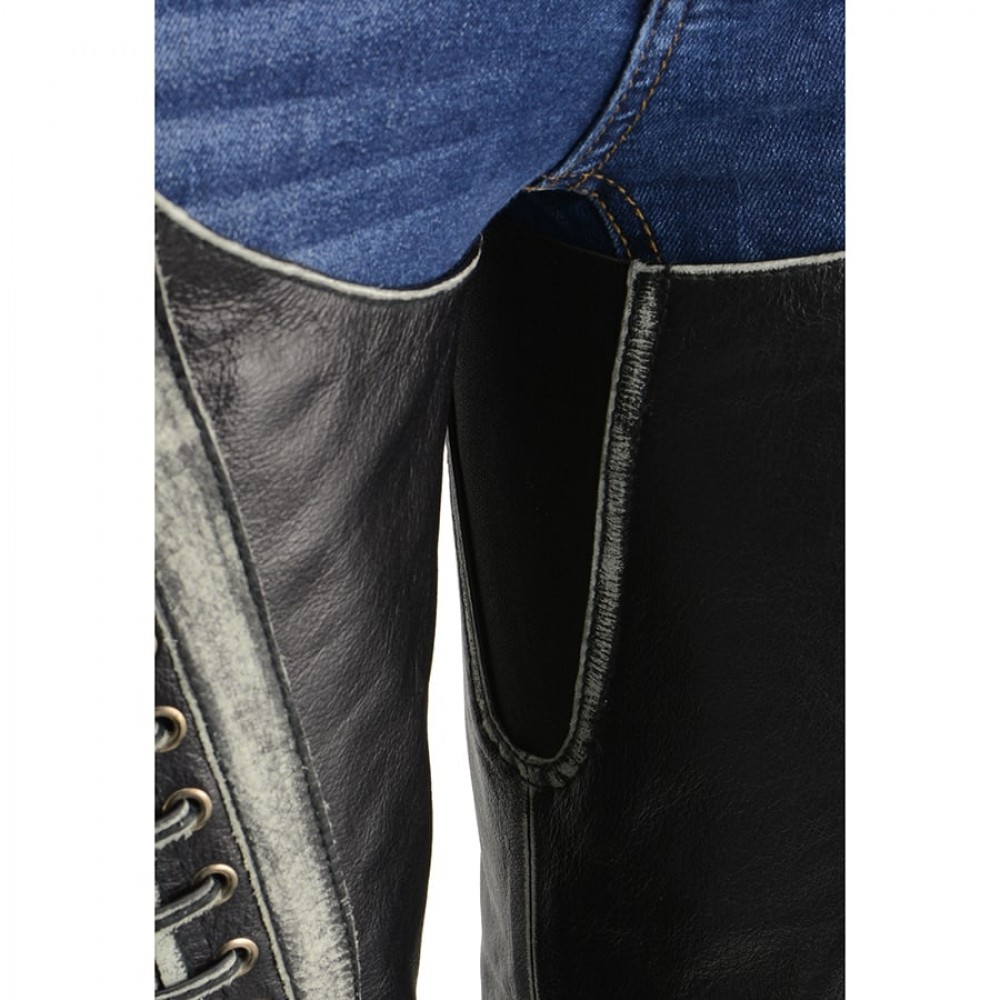 Women Distressed Black Leather Chaps